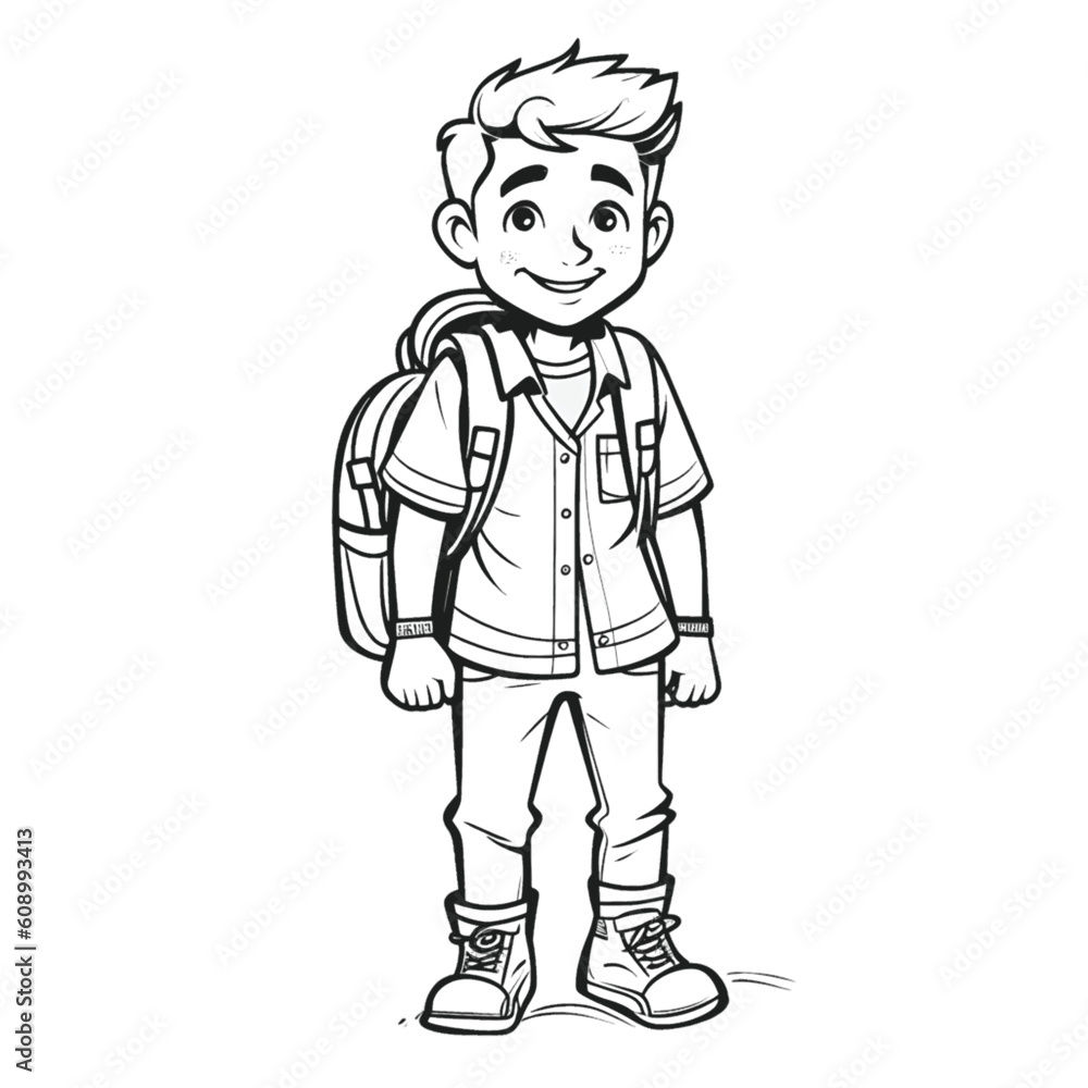 Handsome Outline Coloring Page: Full Body Shot of a School Boy for Kids ...