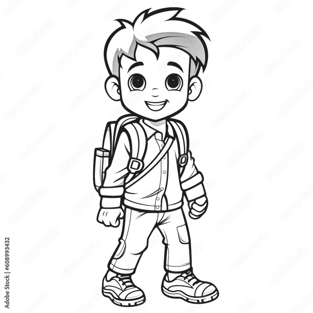 Handsome Outline Coloring Page: Full Body Shot of a School Boy for Kids ...