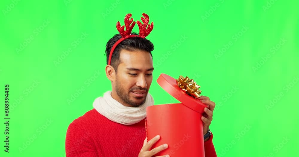 Unhappy, holiday present and green screen with a man opening a gift and ...