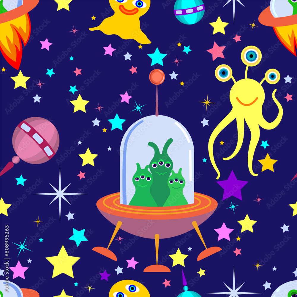 Space seamless pattern with spaceships, aliens, stars. Space background ...