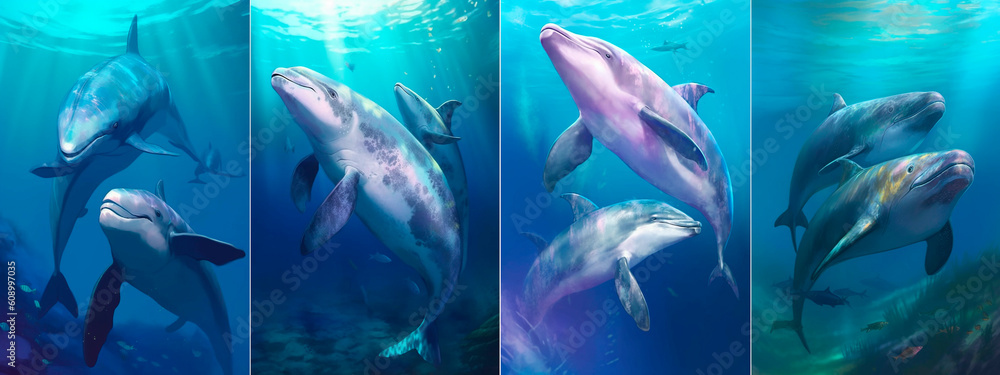 Cute mother-child moment illustrated, baby dolphin learning important ...