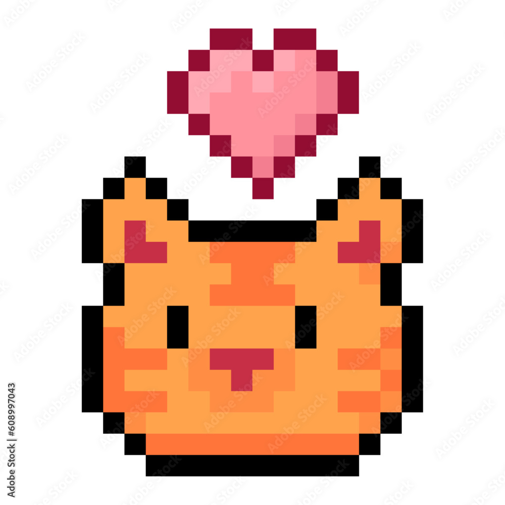 Orange tabby cat with black outline heart love icon in pixel art style ...