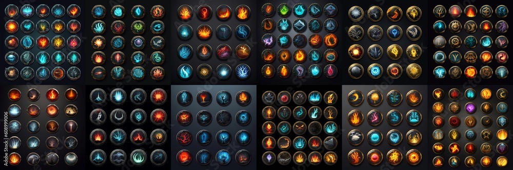 Emblems and icons of various elements including water.fire.lightning ...