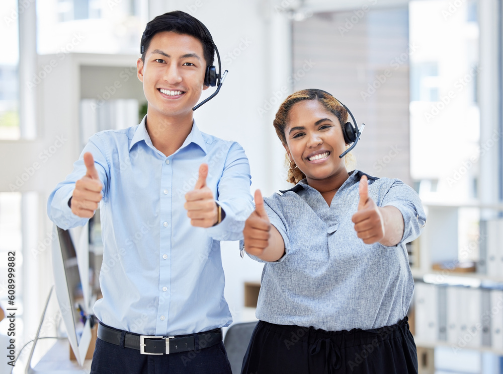 Call center, portrait and people with thumbs up for team success ...