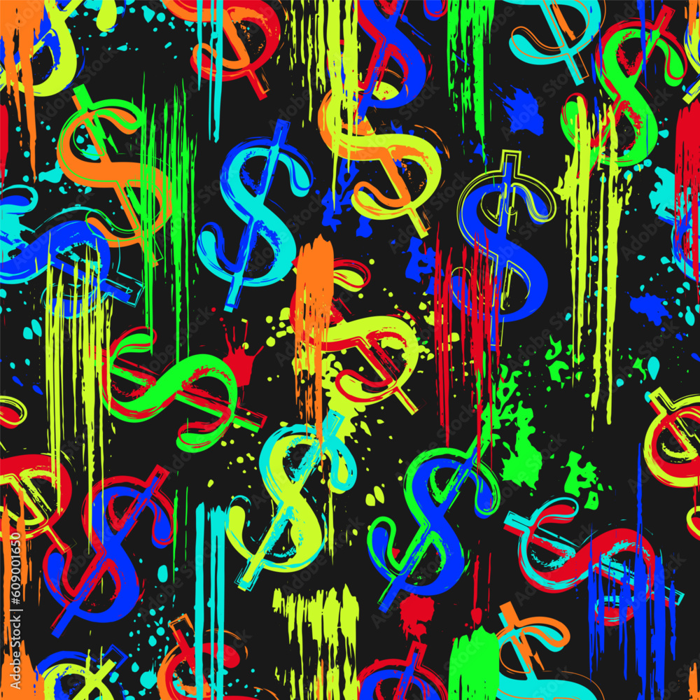 Money neon pattern with US dollar sign. Background with paint brush ...