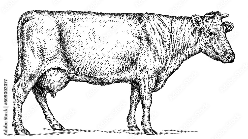 Vintage engraving isolated cow set illustration ink sketch. Farm bull ...