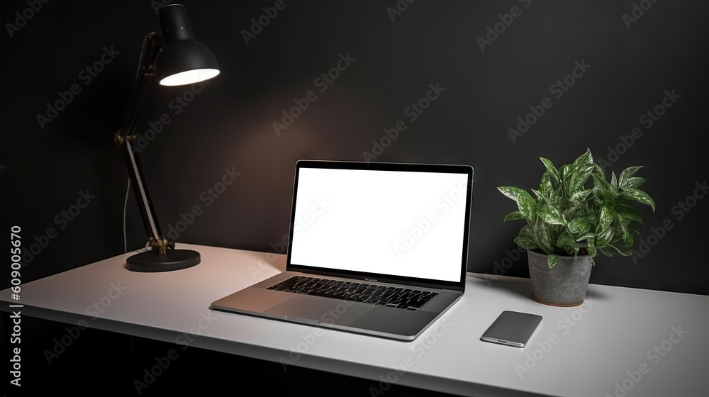 Laptop computer mock-up with cut out screen on black minimalist ...