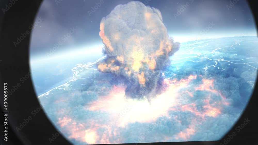 Massive explosion over earth from plane or space shuttle window ...