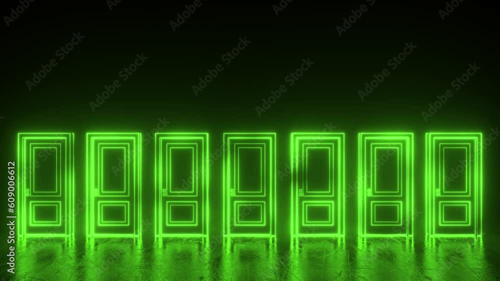 Seven abstract green doors. Cyber lines. Pulsating light. Cyberpunk ...