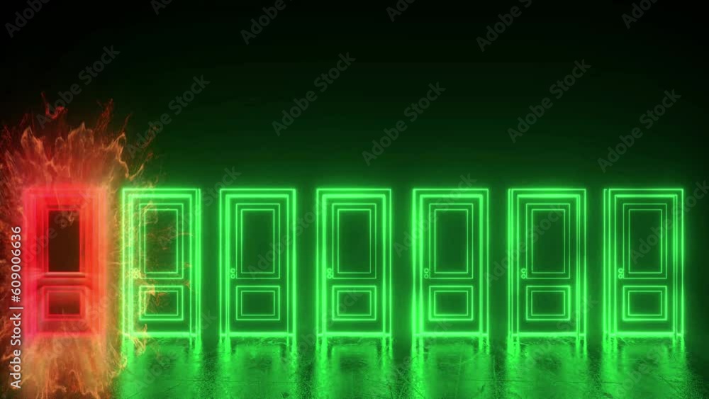 Seven abstract green doors. The door flashes red and opens. Flight ...