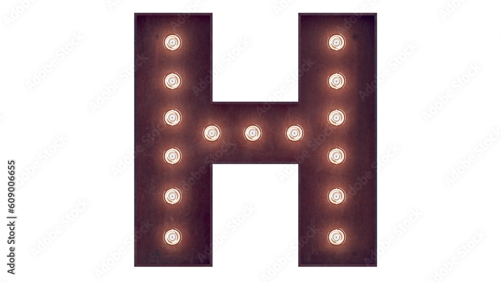 Light bulb glowing letter alphabet character H font. Front view ...