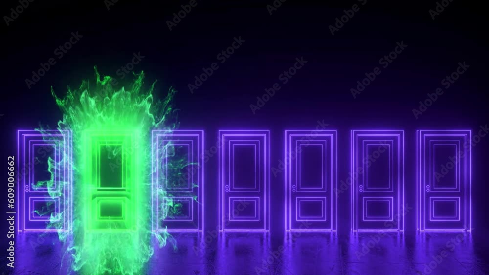 Seven abstract purple doors. The door flashes green and opens. Flight ...