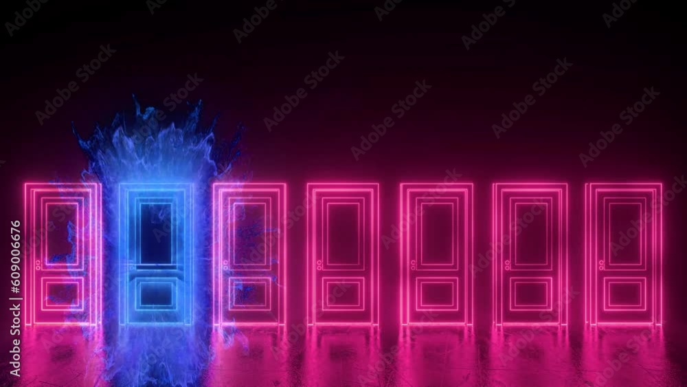 Seven abstract pink doors. The door flashes blue and opens. Flight ...