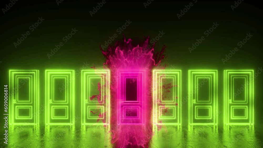 Seven abstract green doors. The door flashes pink and opens. Flight ...