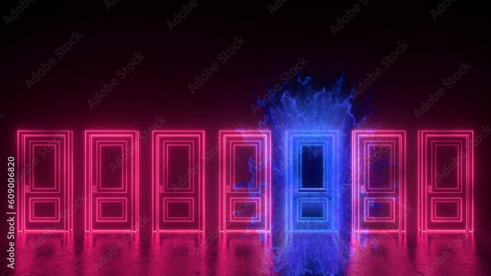 Seven abstract pink doors. The door flashes blue and opens. Flight ...