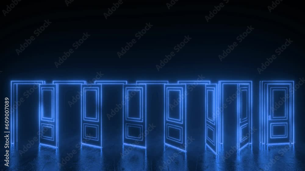 A row of blue neon closed doors with luminous lines take turns opening ...