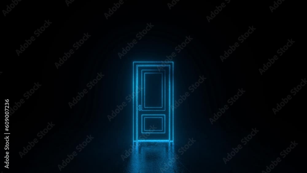 Abstract open door to universe. Lines appear. Cyberpunk neon door ...
