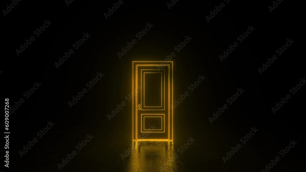 Abstract open door to universe. Lines appear. Cyberpunk neon door ...