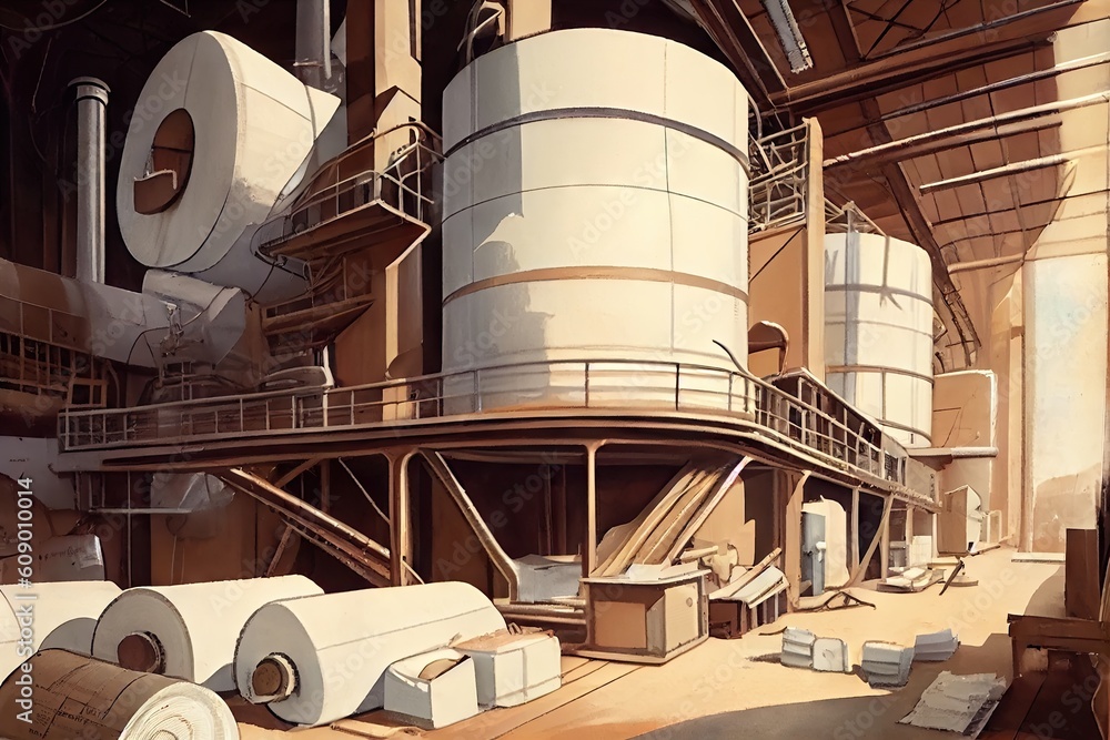 pulp and paper factory, with vats of pulp being processed into rolls of ...