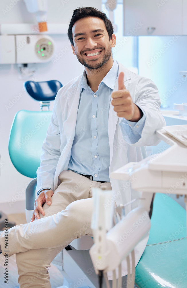 Dentist, thumbs up and portrait of man in office for teeth whitening ...