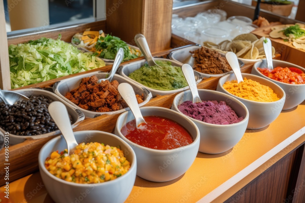 fusion taco bar, with different kinds of tacos, salsas and toppings ...