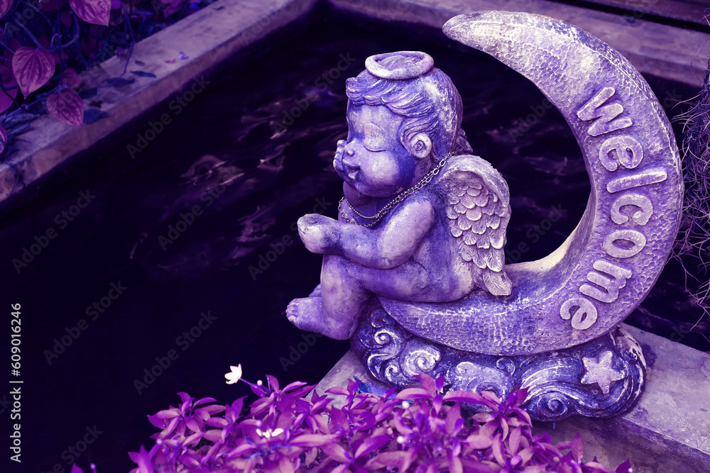 Surreal Pop Art styled Purple Sculpture of an Angel Sitting on Crescent ...