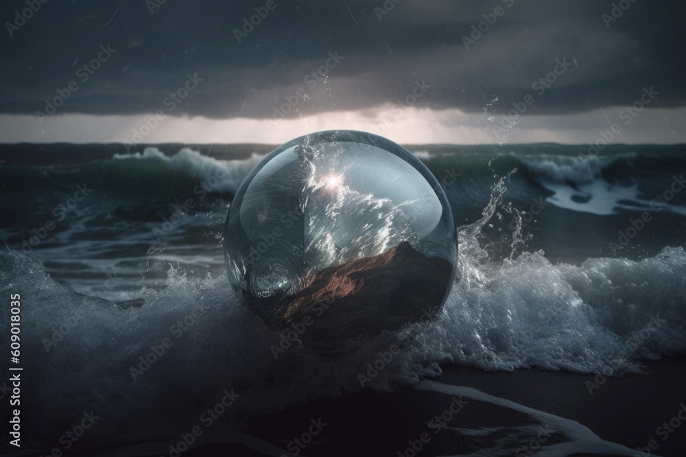 magic crystal ball floating above stormy sea, with waves and lightning ...