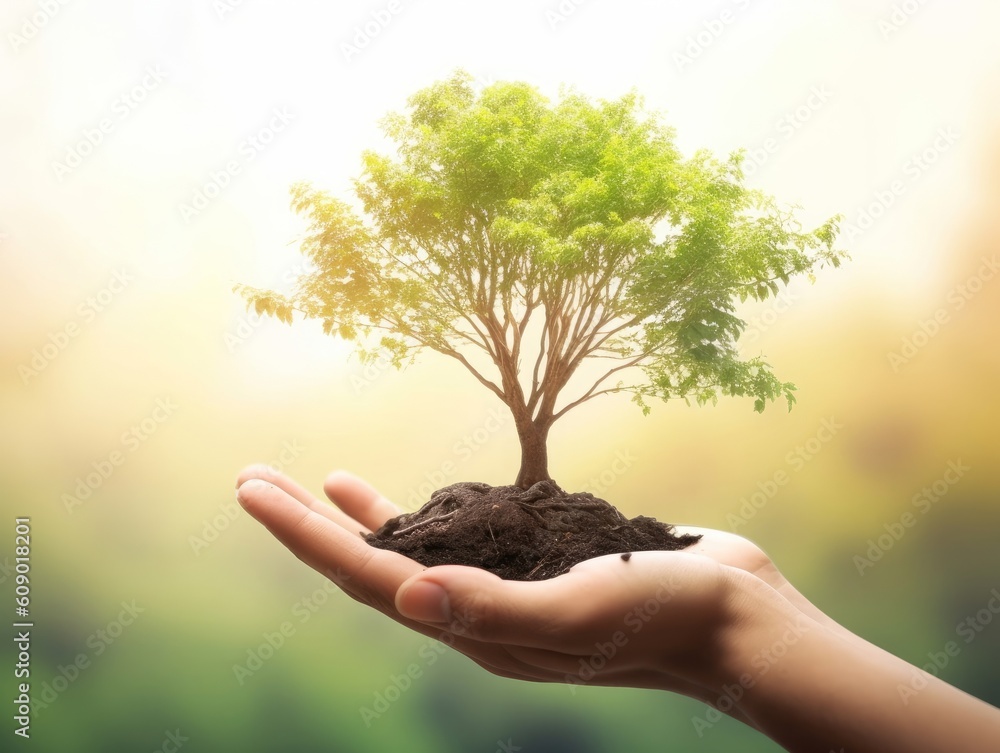 ESG concept: Human hands holding big tree over blurred nature ...