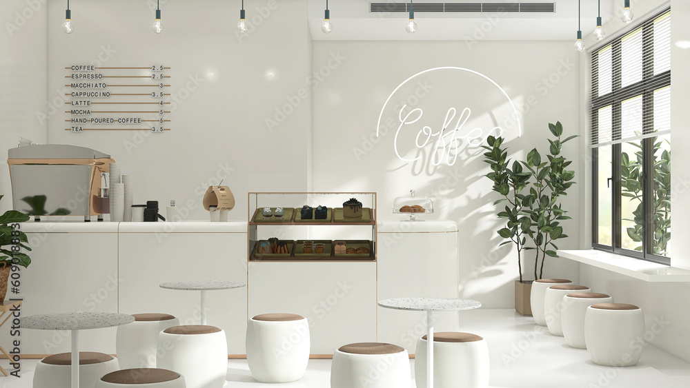 Small modern Korean style design cafe, glossy ivory white round corner ...