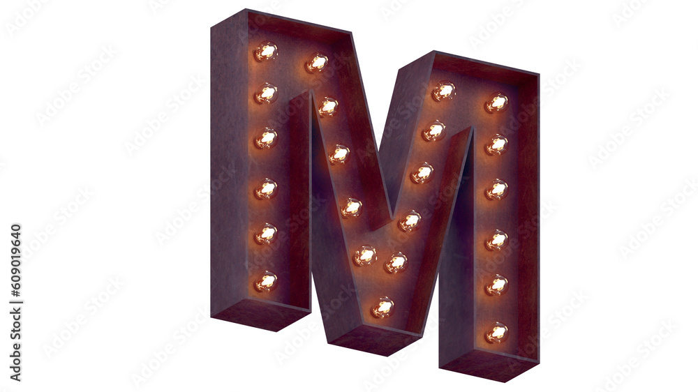 Light bulb glowing letter alphabet character M font. Perspective view ...