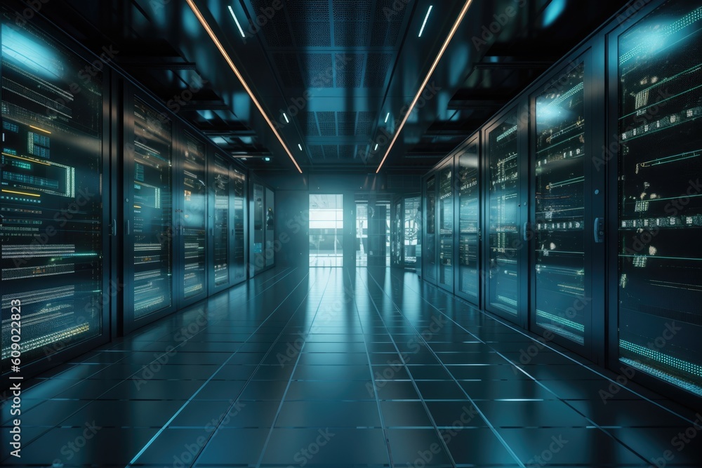 data center filled with humming servers and buzzing lights, created ...