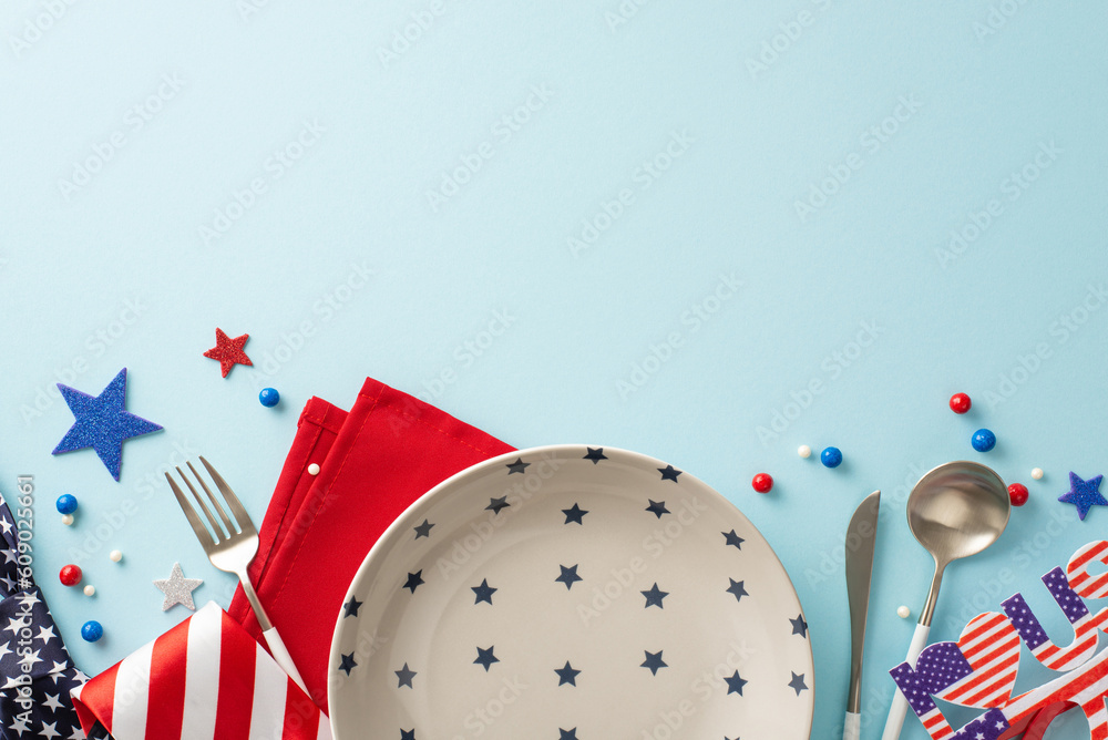 American-themed table display for your patriotic events. Top view of ...