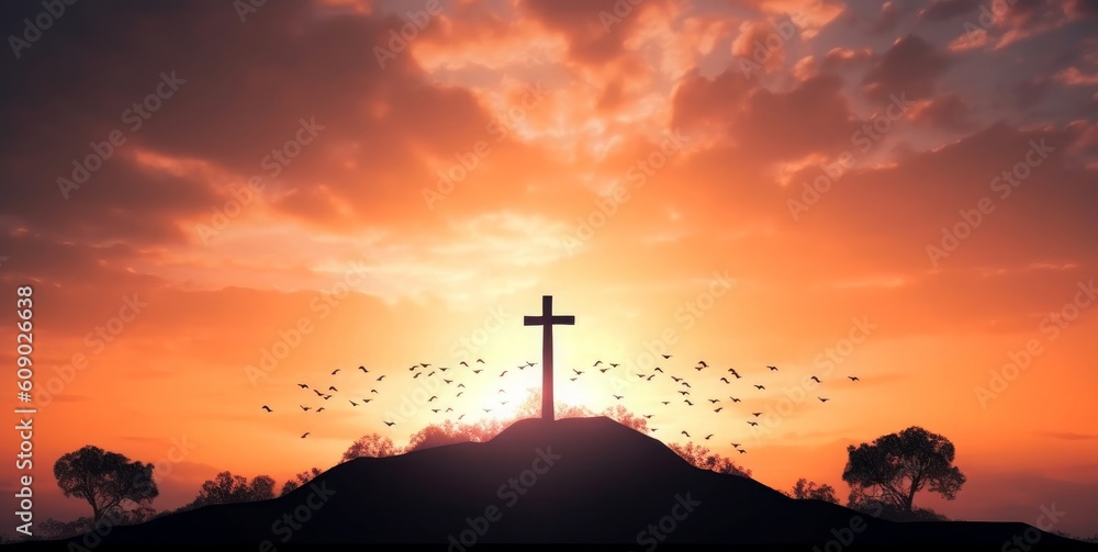 Religious concept: Silhouette cross and birds flying on sunrise ...