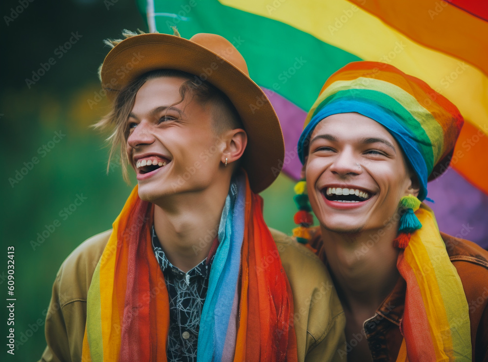 Happy Generative AI gay couple with rainbow flag color pattern ...