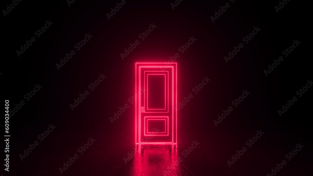 Ilustrace „Red neon closed door with glowing lines. Cyberpunk neon door ...