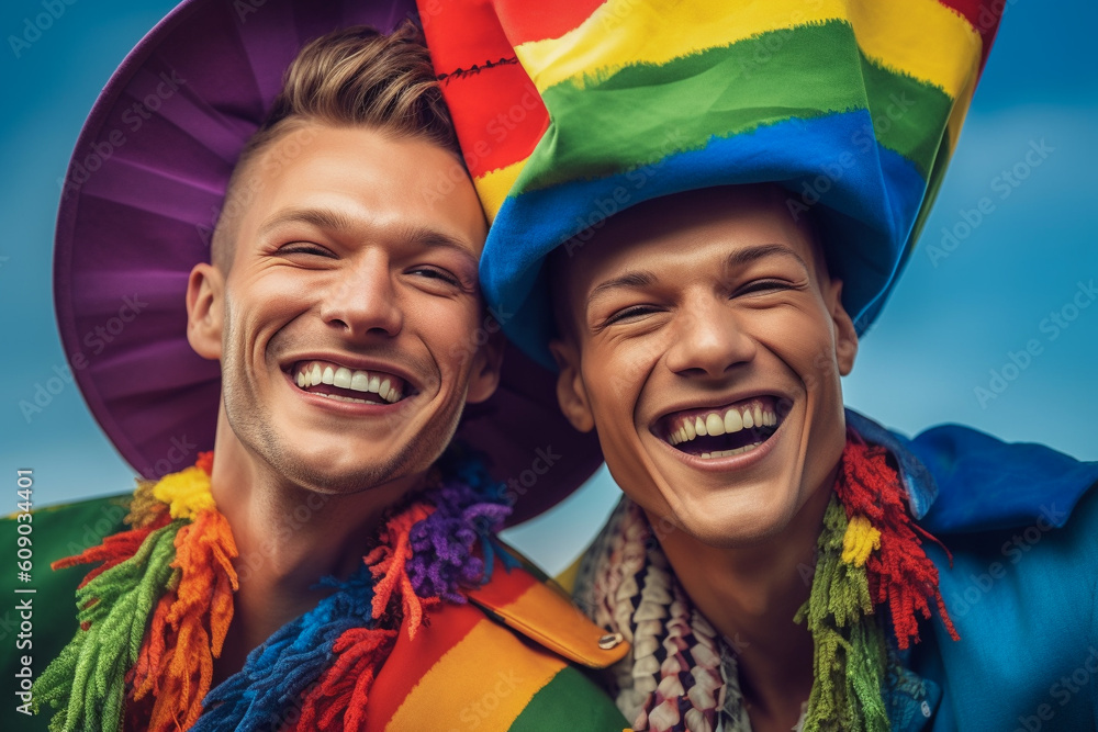 Happy Generative AI gay couple with rainbow flag color pattern ...