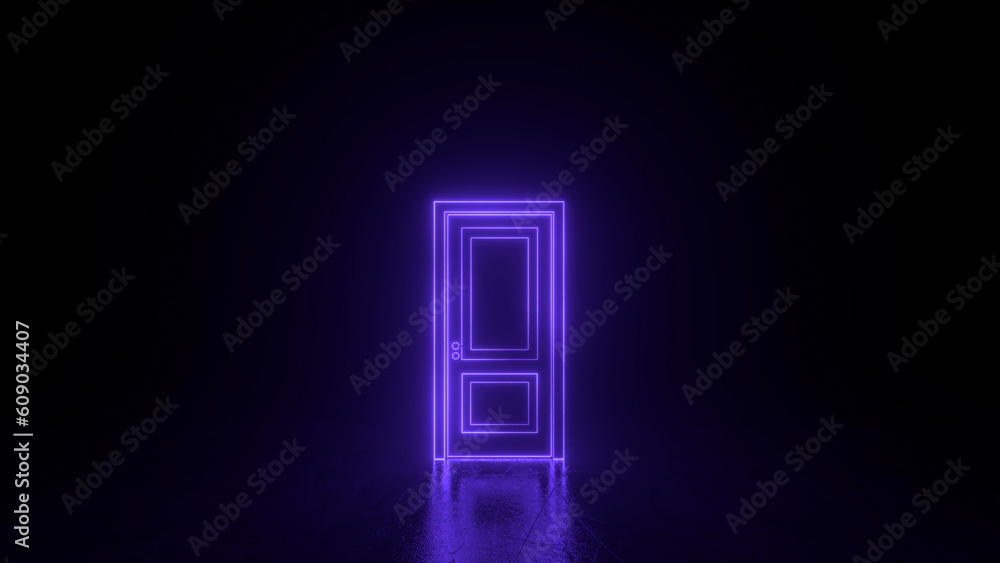 Purple neon closed door with glowing lines. Cyberpunk neon door ...