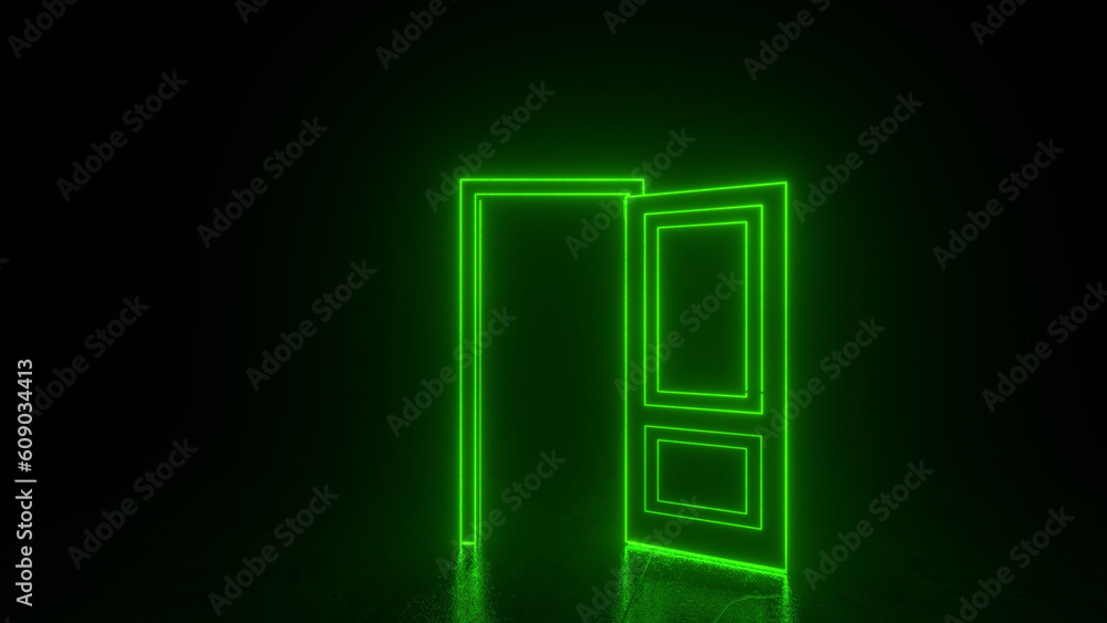 Green neon open door with glowing lines. Cyberpunk neon door background ...