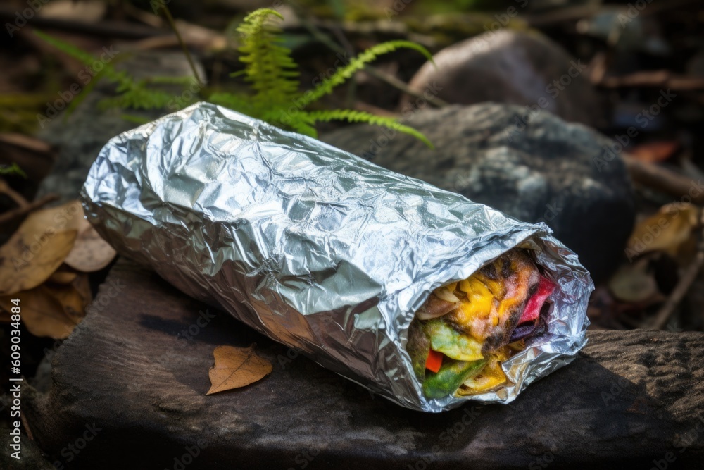 breakfast burrito, wrapped in foil and ready to be cooked over the fire ...