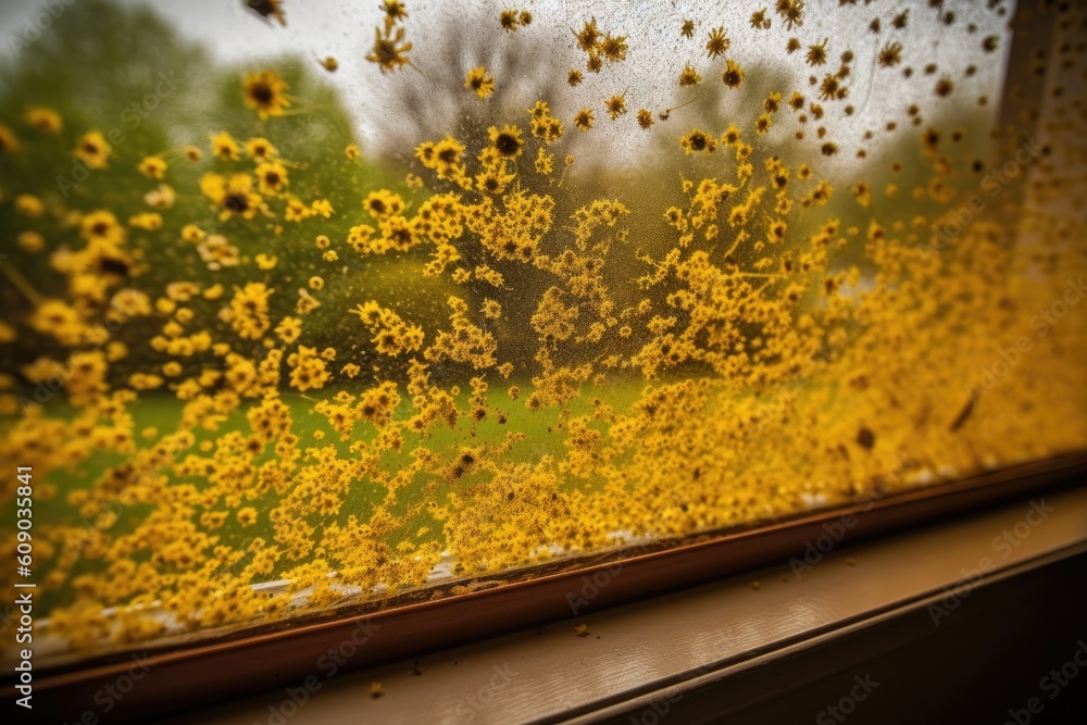 pollen-covered pane of a window, with view of the outside world ...