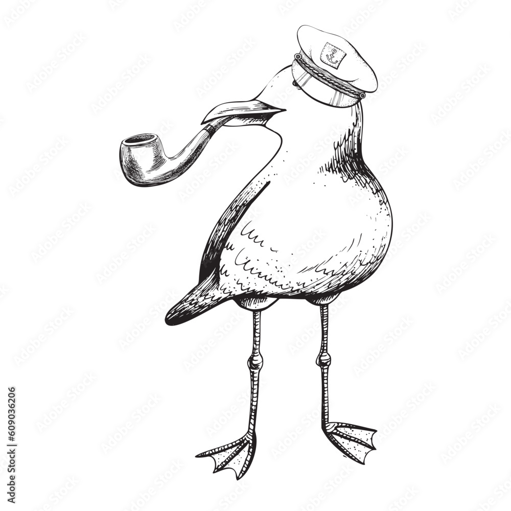 A sea gull in a captain's cap with a tobacco pipe in its beak. EPS hand ...