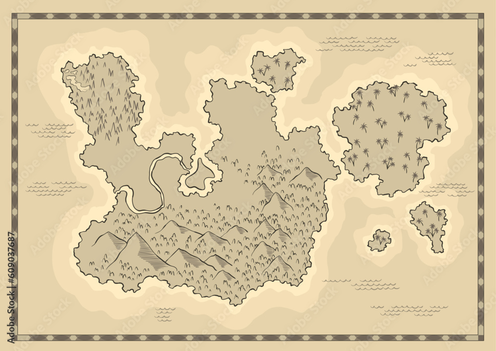Old antique treasure map. Cartoon island map template for next level ...