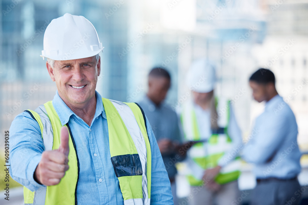 Portrait, thumbs up and a senior man construction worker outdoor on a ...