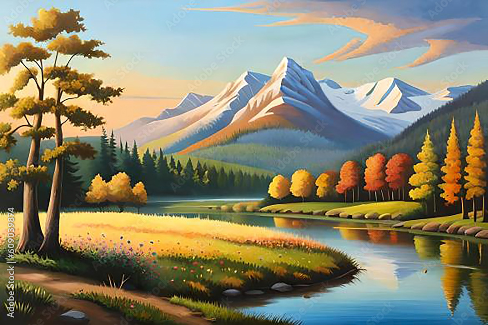 A serene countryside scene with a meandering river flowing through lush ...