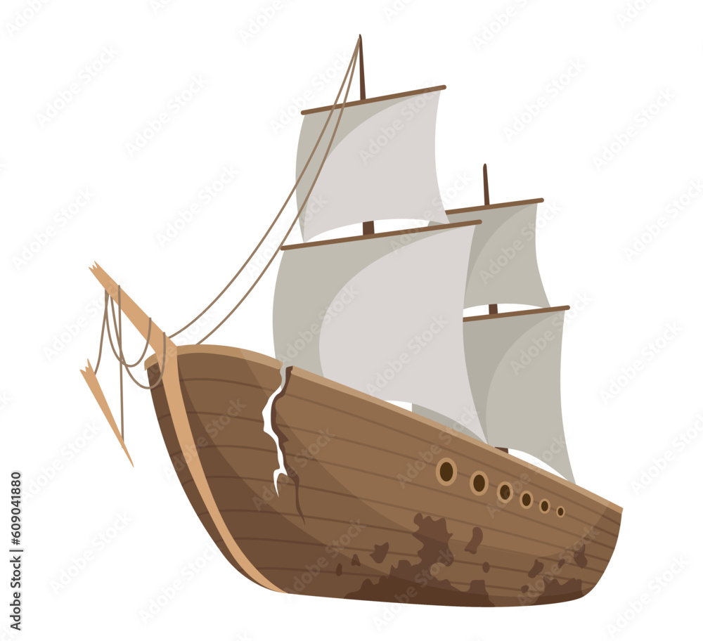 Broken ship icon. Cartoon wooden battered ship with tattered board ...