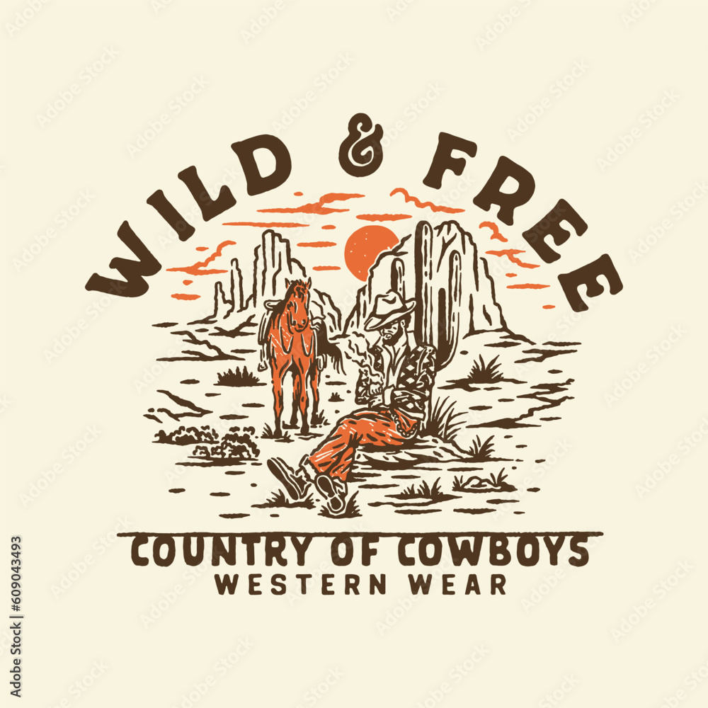 cowboy illustration cactus graphic country design horse vintage desert ...