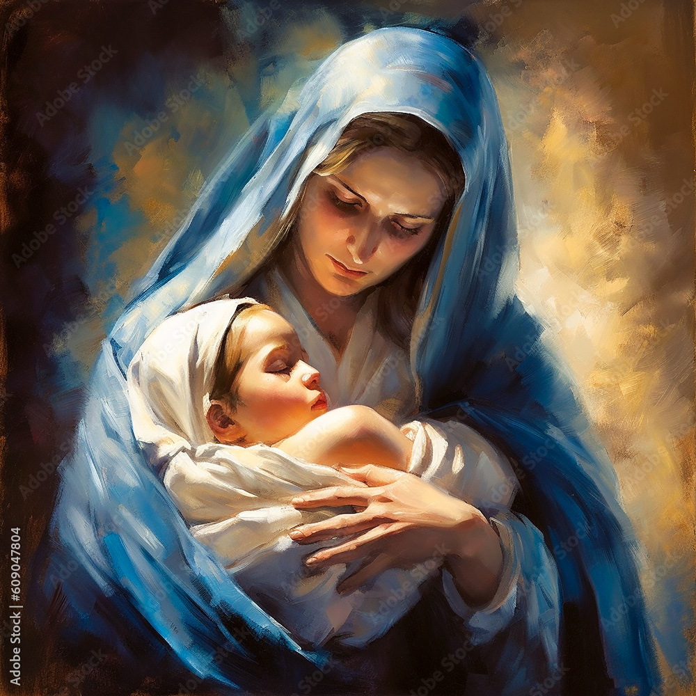 Holy Mary holding baby Jesus Christ in her arms. Graphic representation ...
