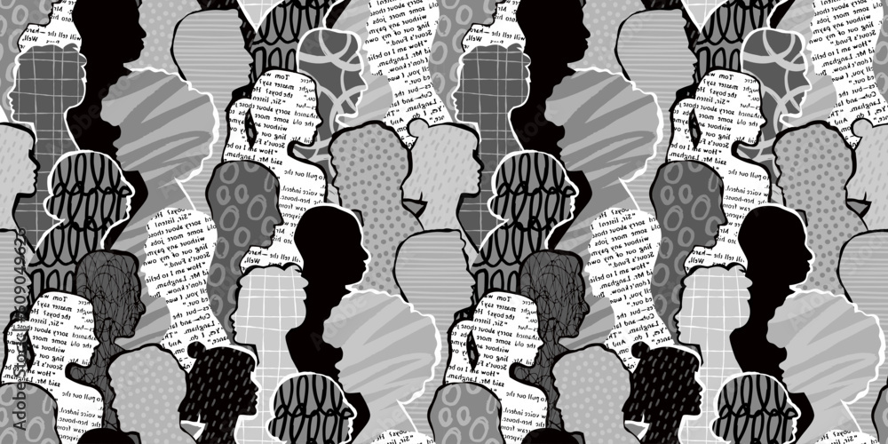Gray scale diverse people crowd abstract art seamless pattern. Multi ...