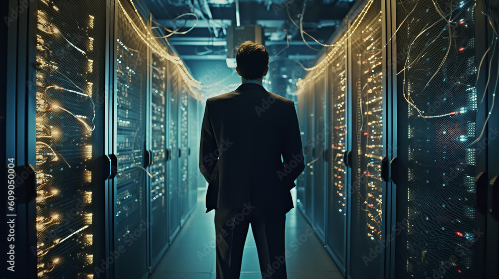 IT professional providing tech support, seen from the back, working in ...