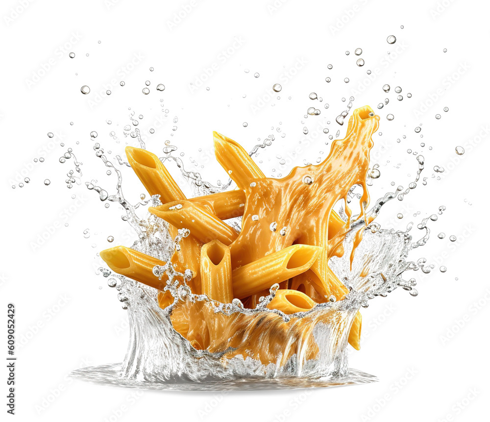 dynamic boiling penne noodle pasta with water splash on transparent ...